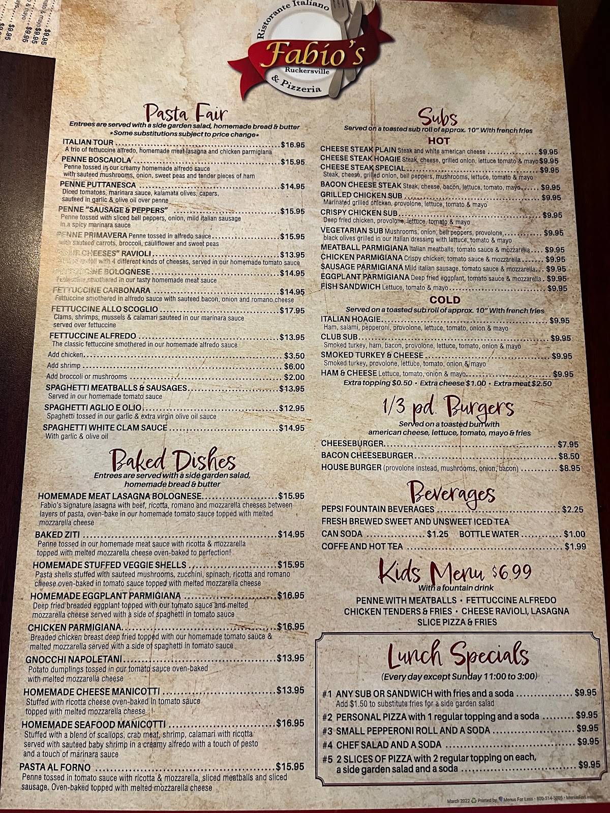 Menu at Fabios Ny Pizza-Ruckersville pizzeria, Ruckersville