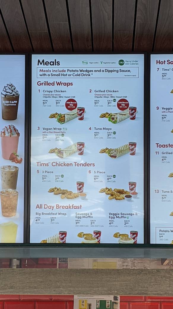 Menu at Tim Hortons restaurant, Larbert