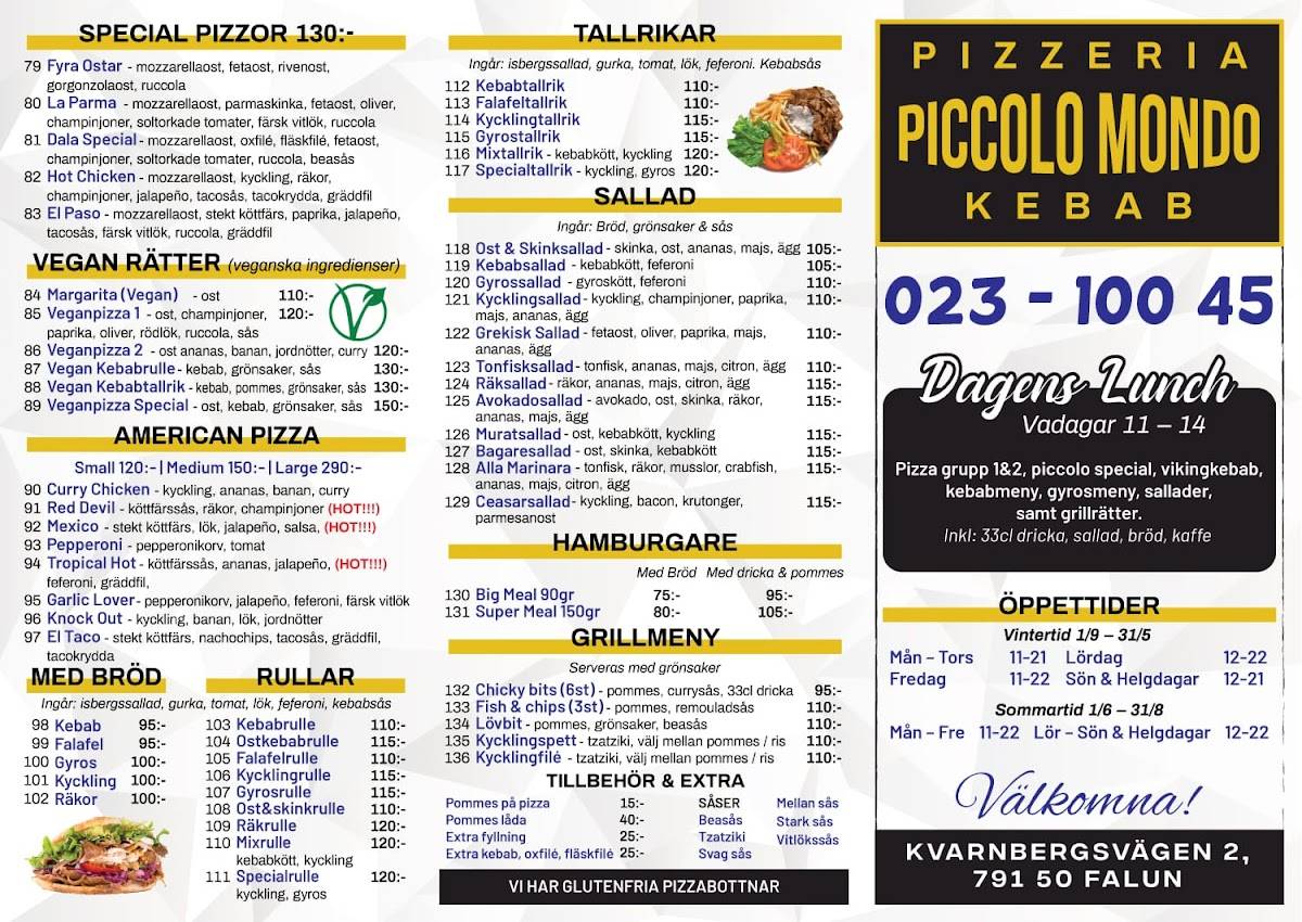 Menu at Pizzeria Piccolo Mondo, Falun