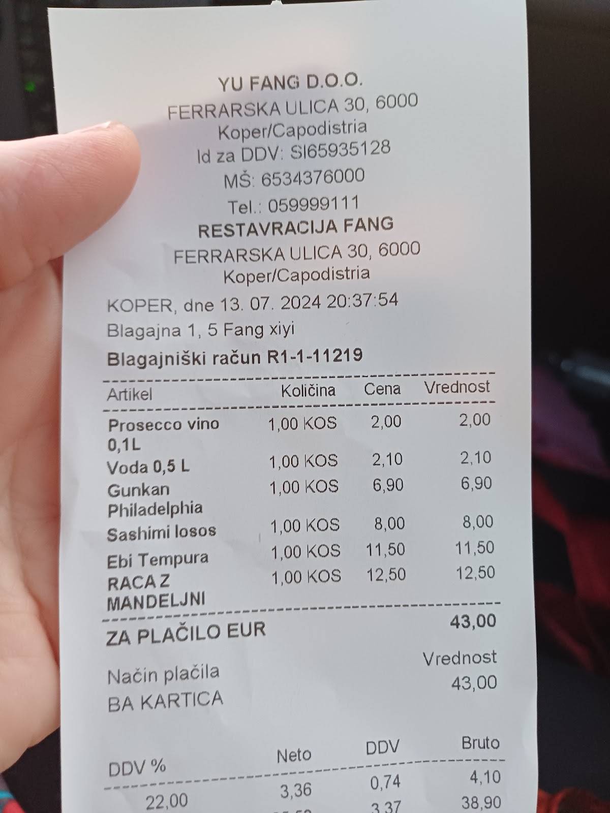Menu at Fang chinese restaurant, Koper