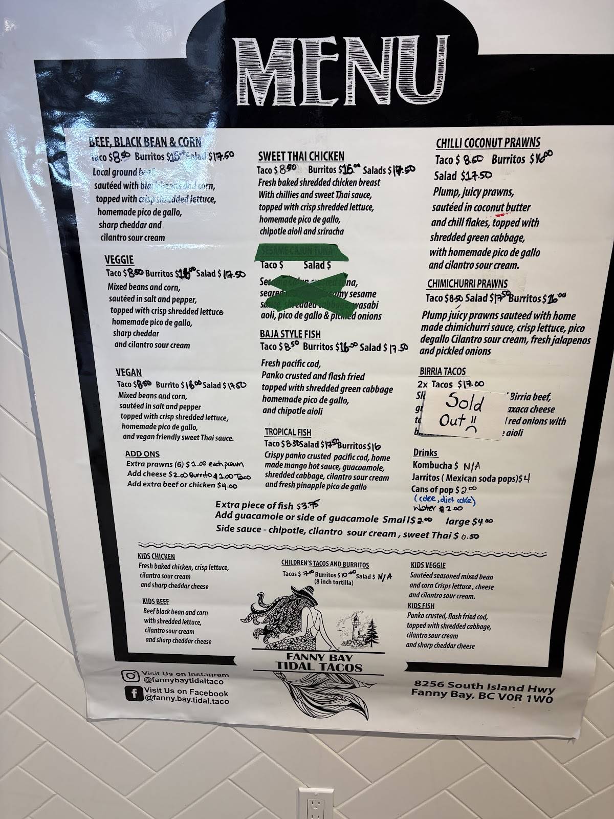 Menu at Fanny Bay Tidal Tacos restaurant, Fanny Bay