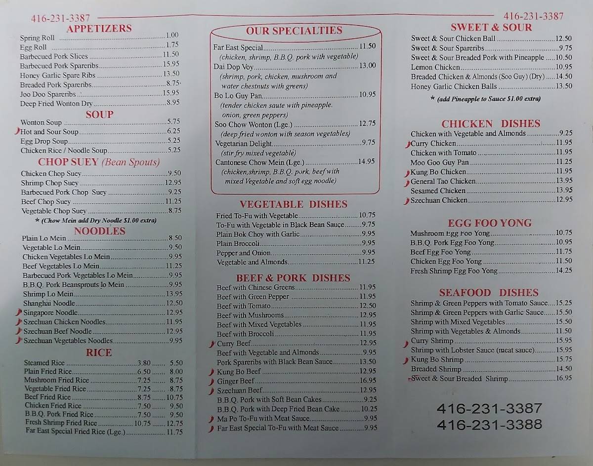 Menu at Far East Chinese Food restaurant, Toronto