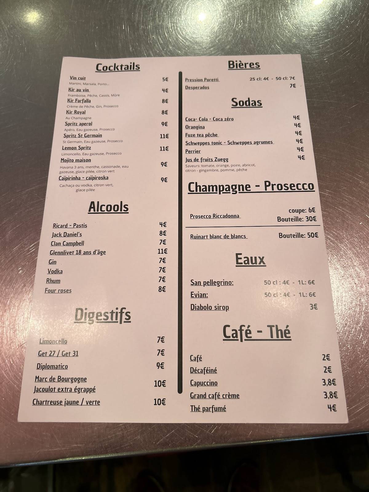 Menu au Farfalla Caffè restaurant, Lyon