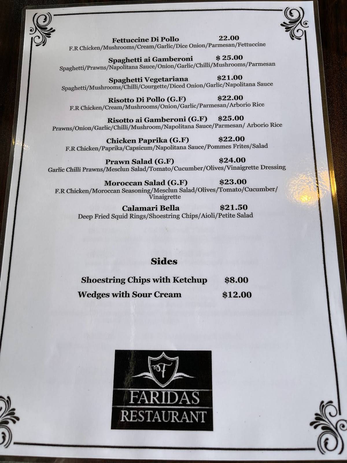 Menu at Faridas restaurant, Orewa