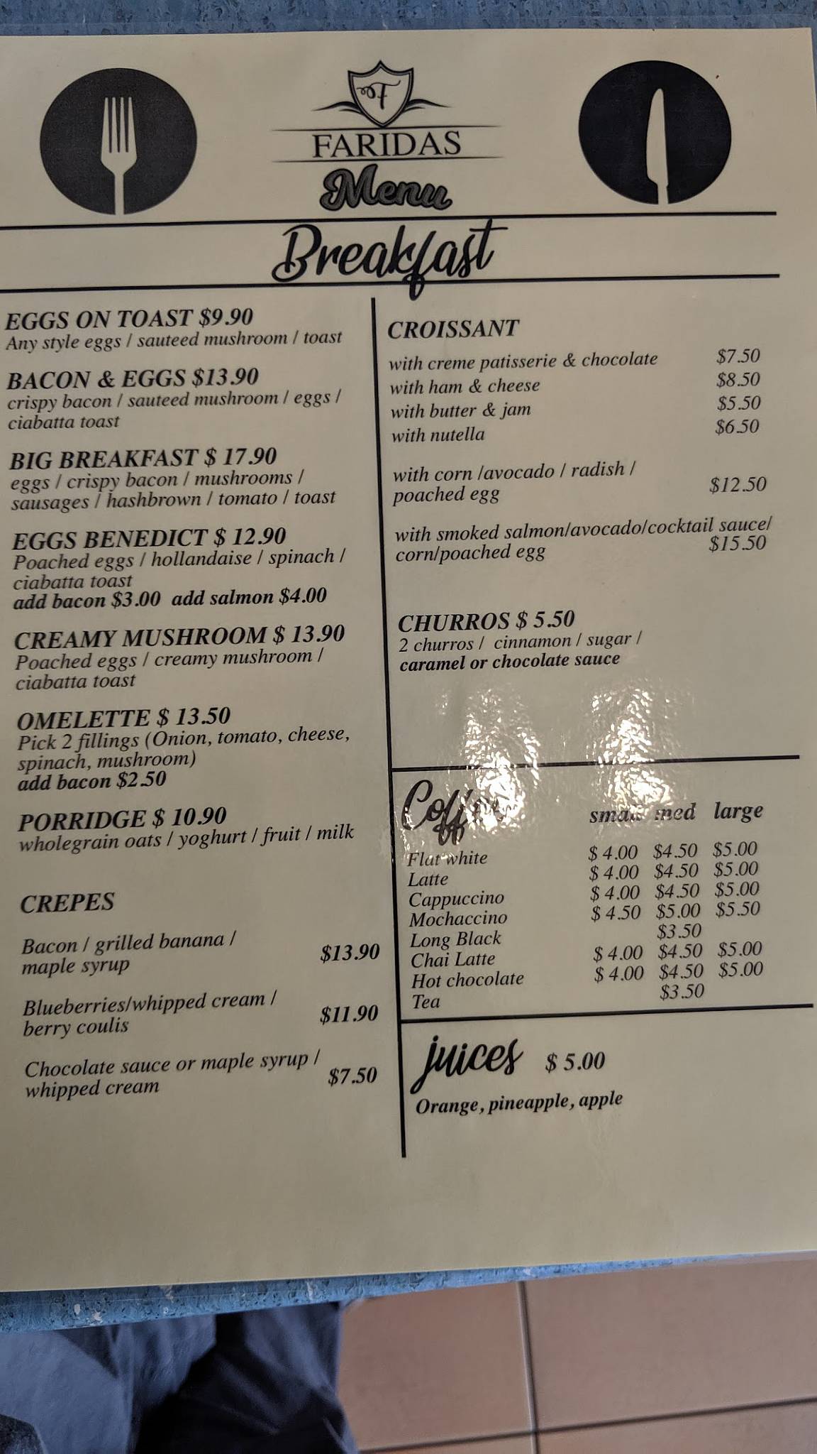 Menu at Faridas restaurant, Orewa