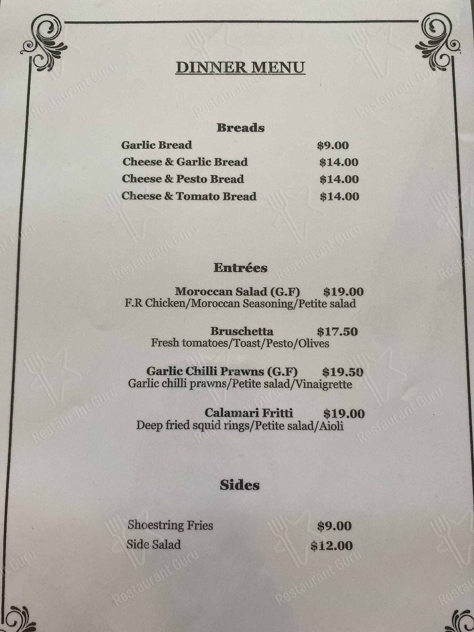Menu at Faridas restaurant, Orewa
