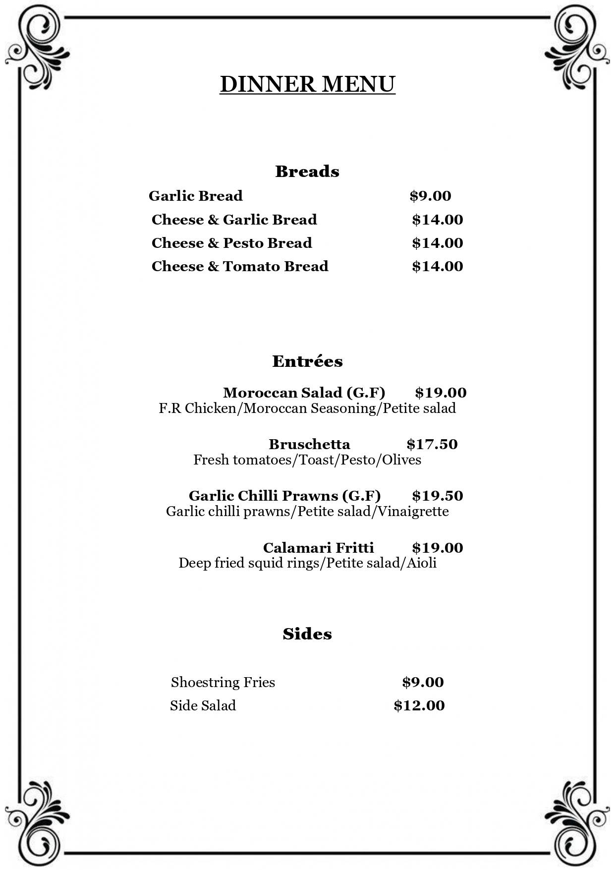 Menu at Faridas restaurant, Orewa