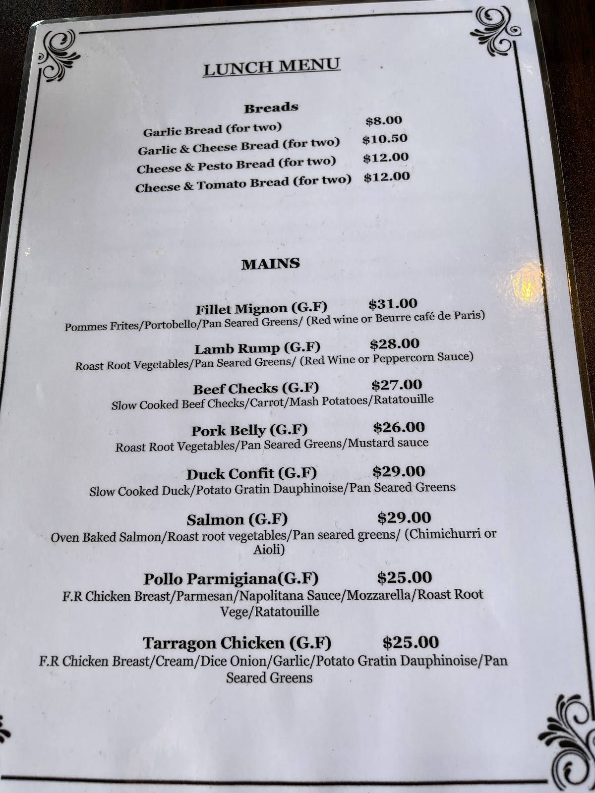 Menu at Faridas restaurant, Orewa