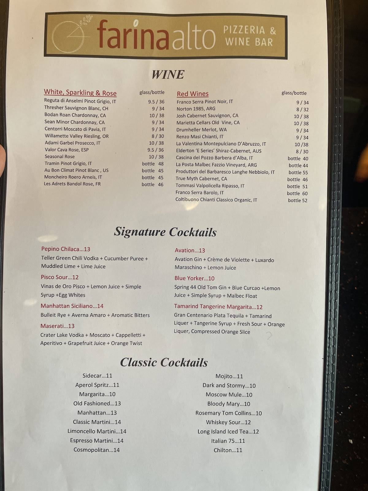 Menu at Farina Alto Pizzeria & Wine Bar, Albuquerque, Montgomery Blvd NE