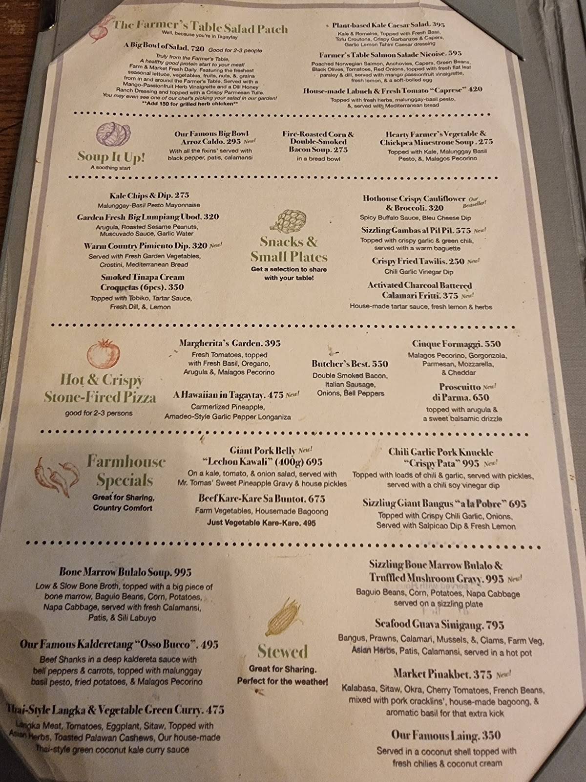 Menu at Farmer’s Table Tagaytay restaurant, Tagaytay