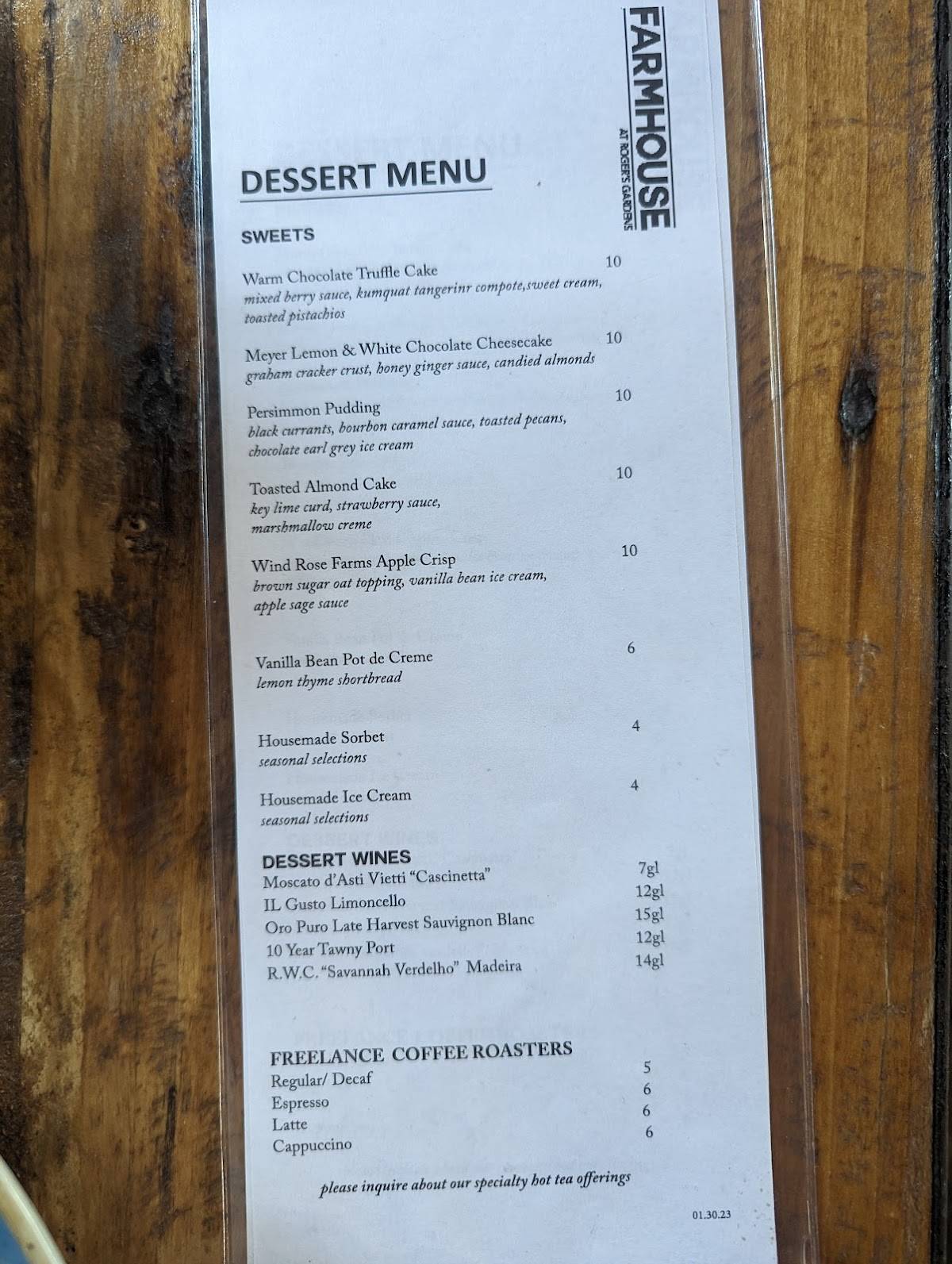 Menu at Farmhouse at Roger's Gardens restaurant, Newport Beach