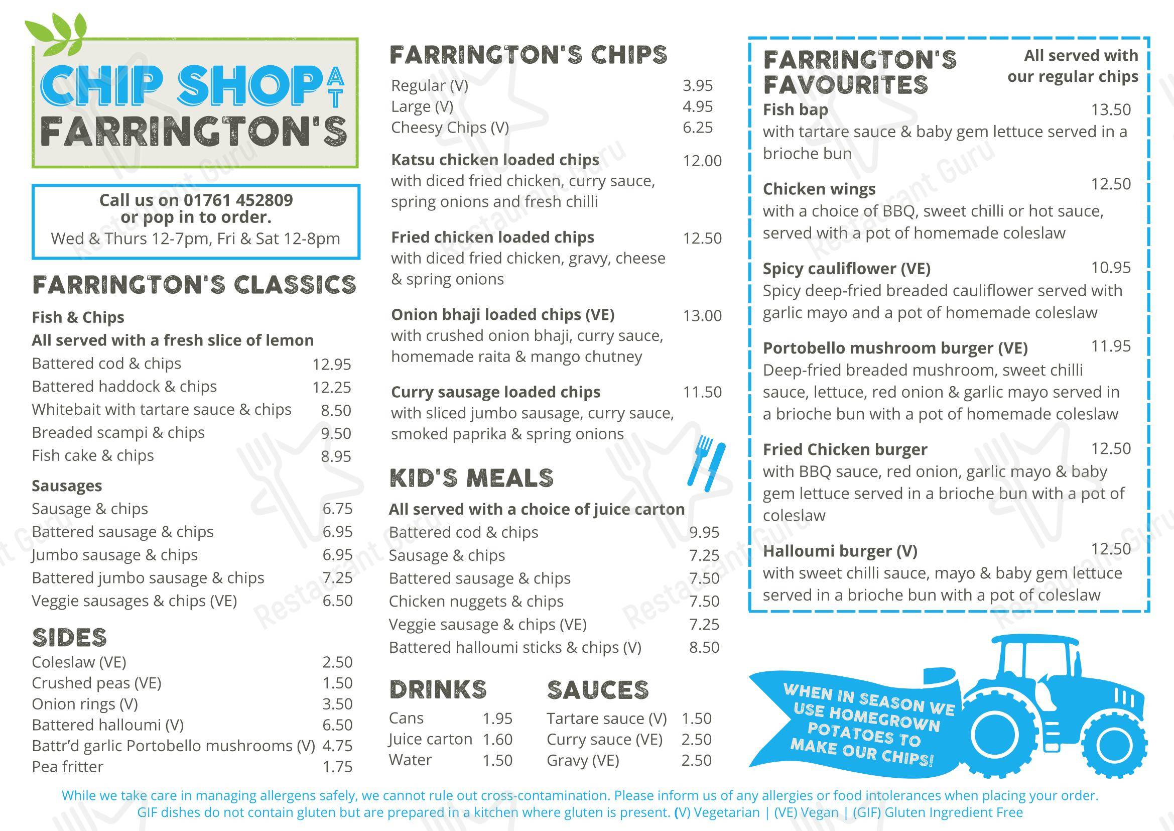 Menu at Farrington's Fish & Chip Shop restaurant, Bishop Sutton
