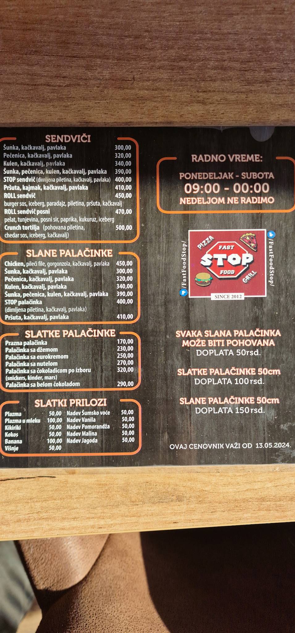 Menu at Fast Food STOP, Sremčica, Beogradska