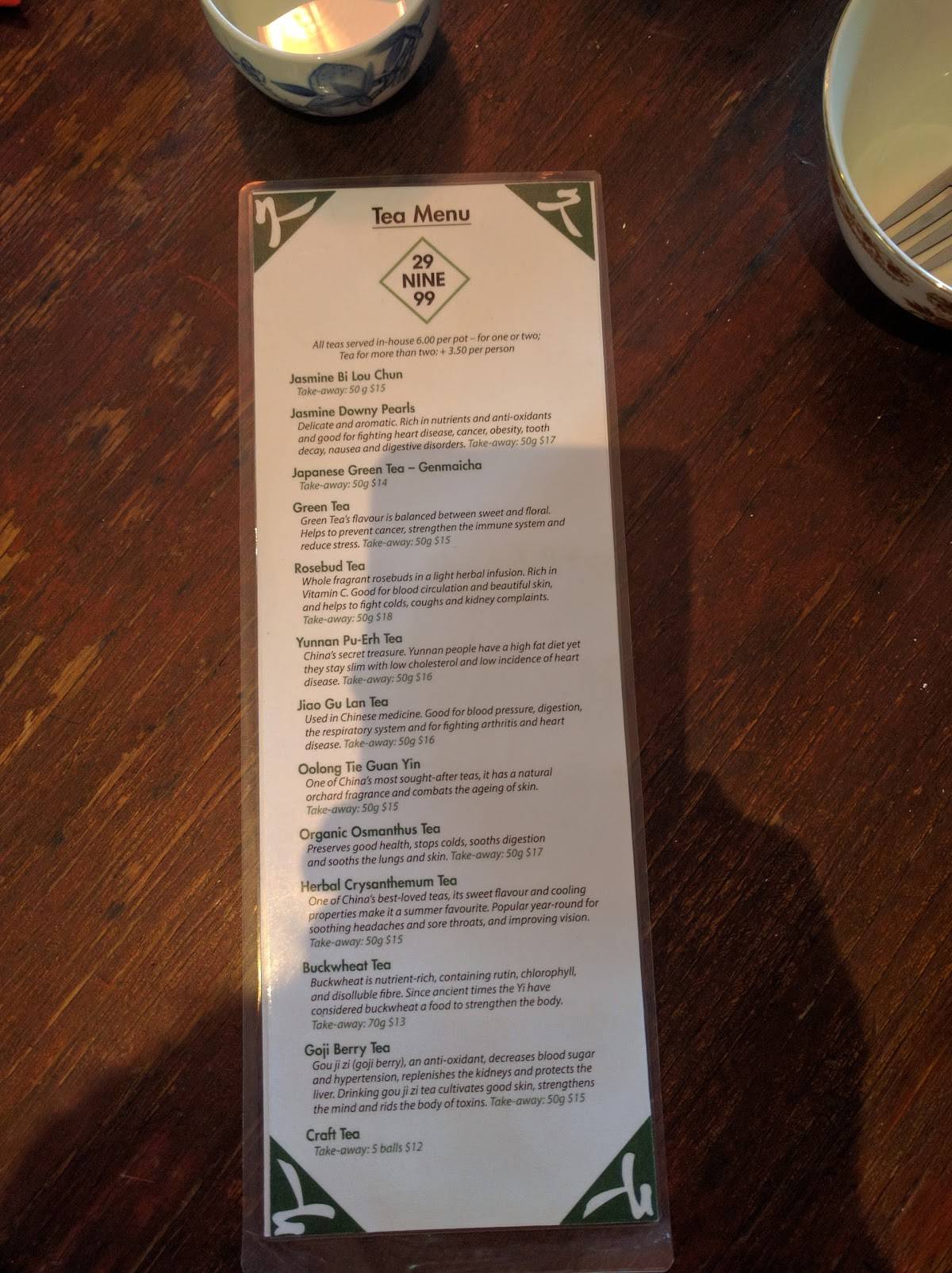 Menu at 29 Nine 99 Yum Cha & Tea House fast food, Rylstone