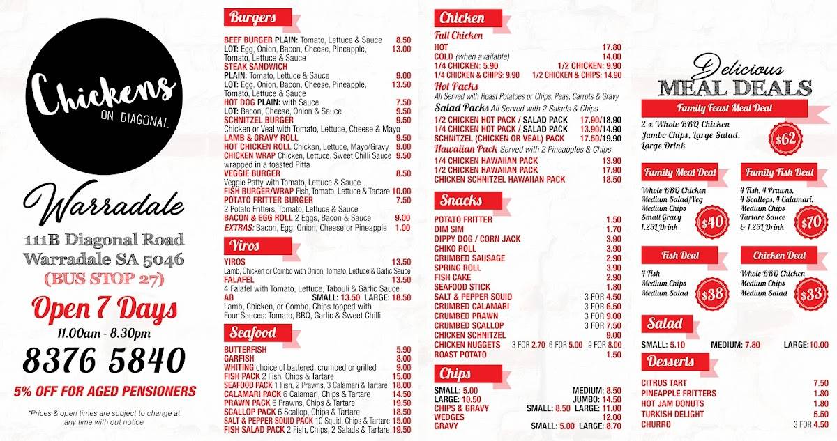 Menu at Chickens on Diagonal fast food, Warradale