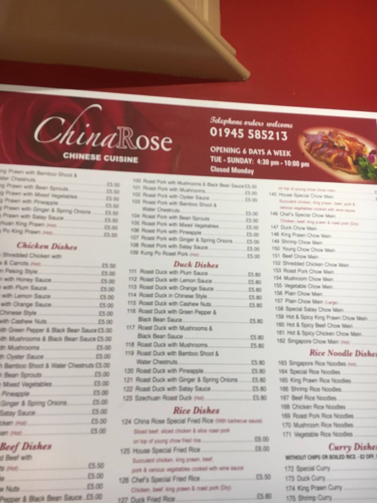 Menu at China Rose fast food, Wisbech