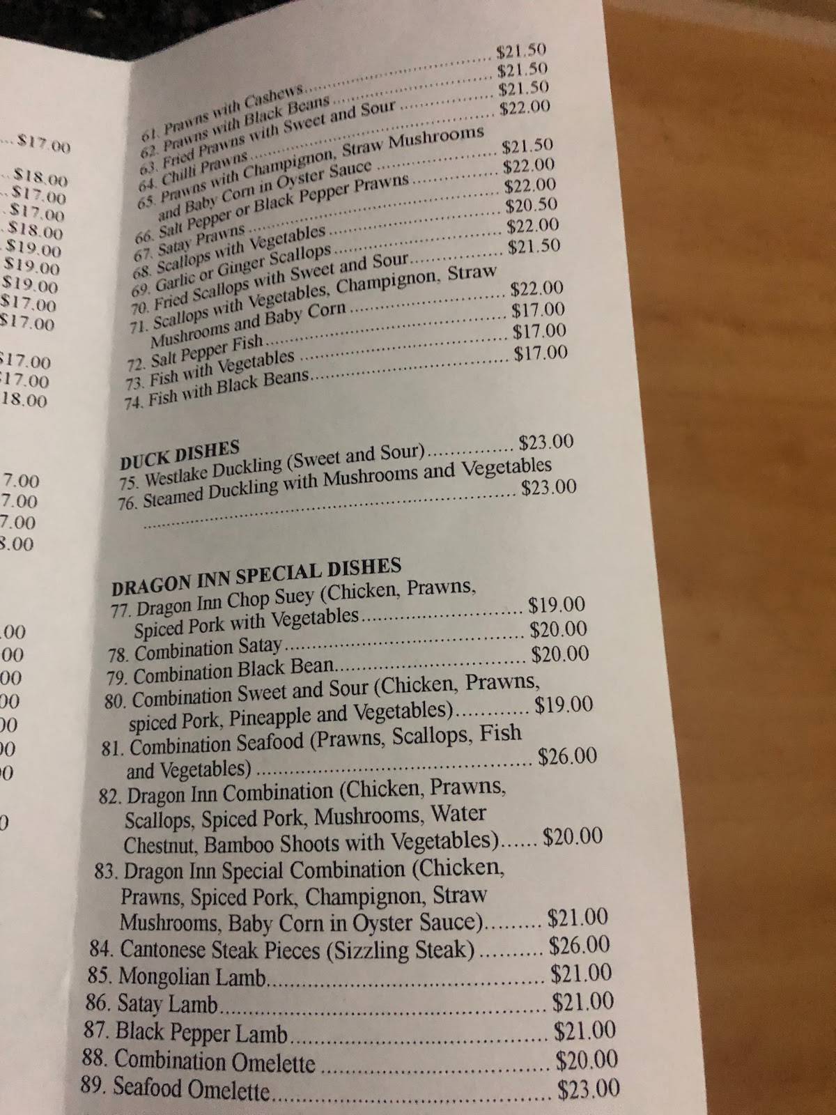 Menu at Dragon Inn Restaurant, Warrnambool