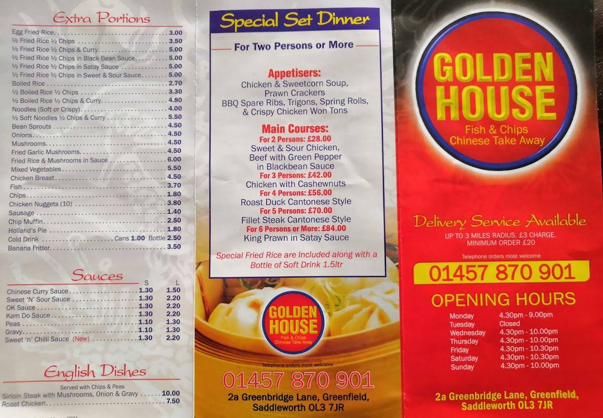 Menu at Golden House fast food, Oldham, 2A Greenbridge Ln