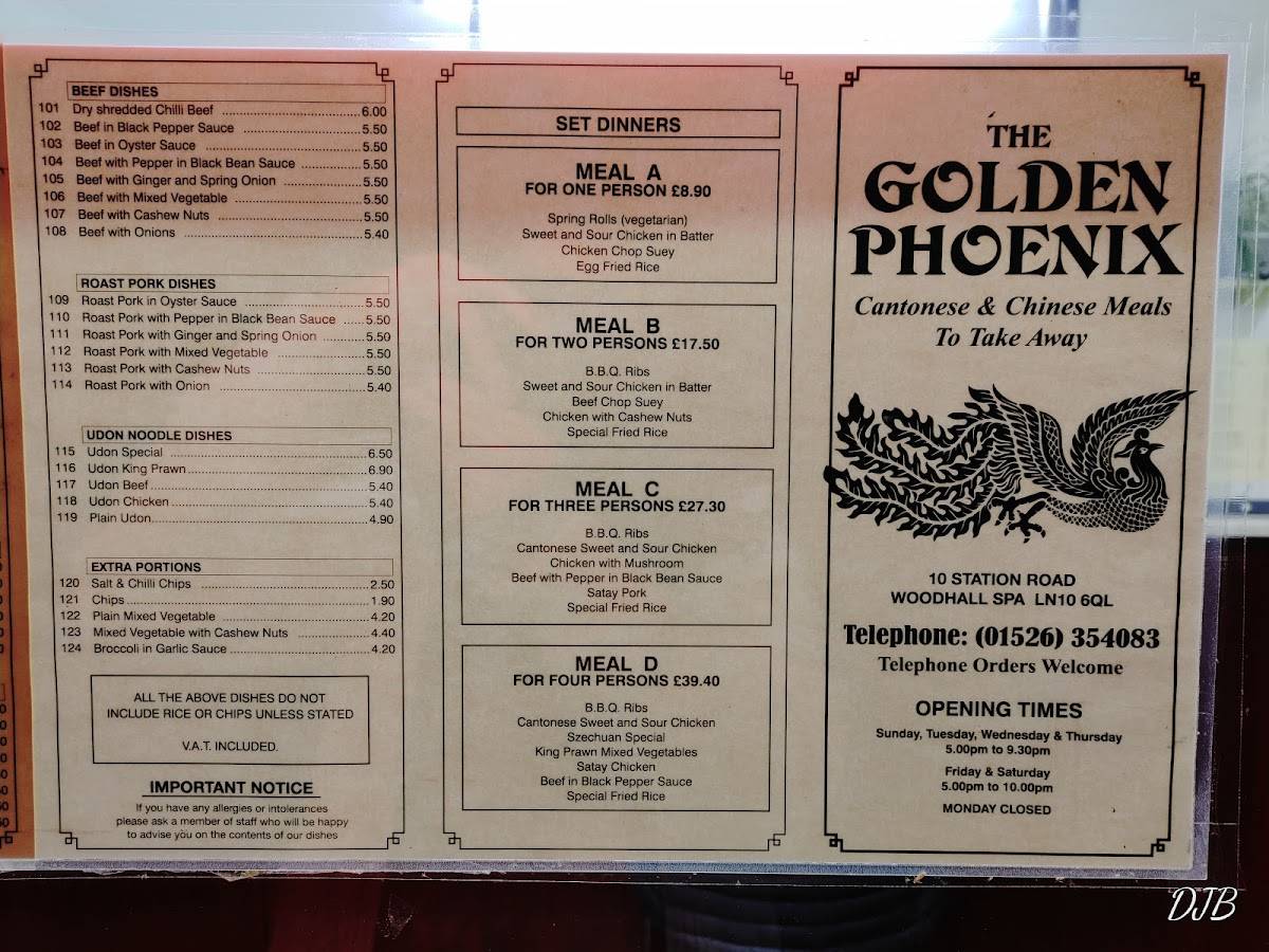 Menu at Golden Phoenix Chinese Takeaway fast food, Woodhall Spa