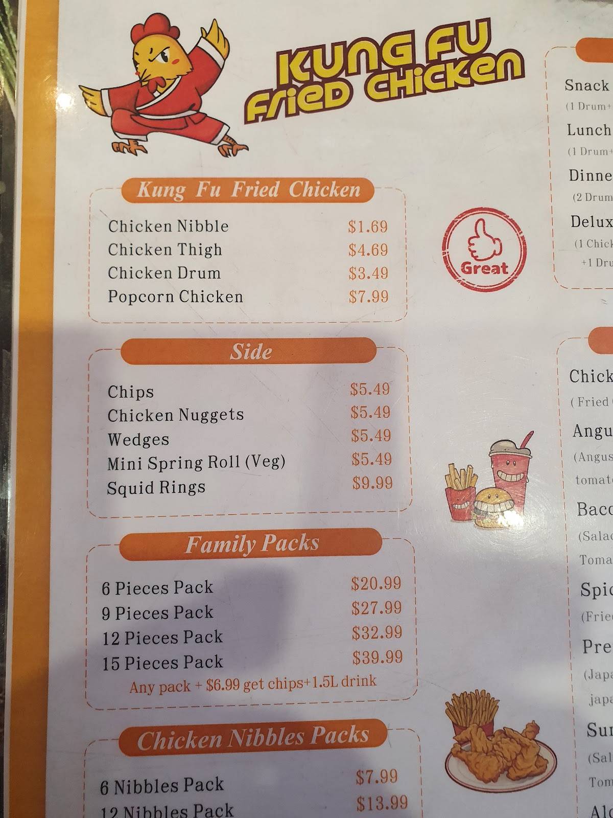 Carta de comida rápida Kung Fu Fried Chicken, Auckland