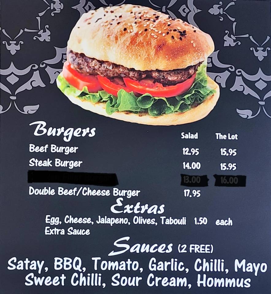 Menu at Kurdish Kebabs fast food, Clarkson
