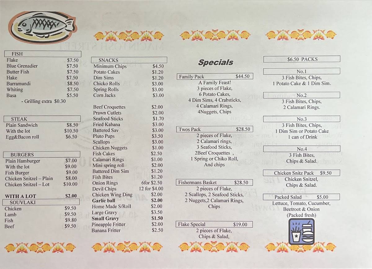 Menu at Macintosh Take Away fast food, Shepparton