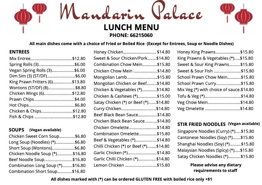Menu at Mandarin Palace Chinese Restaurant Lismore, Lismore