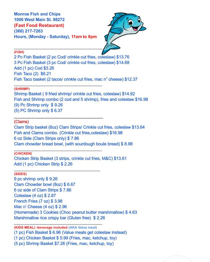 Menu at Monroe Fish and Chips fast food, Monroe