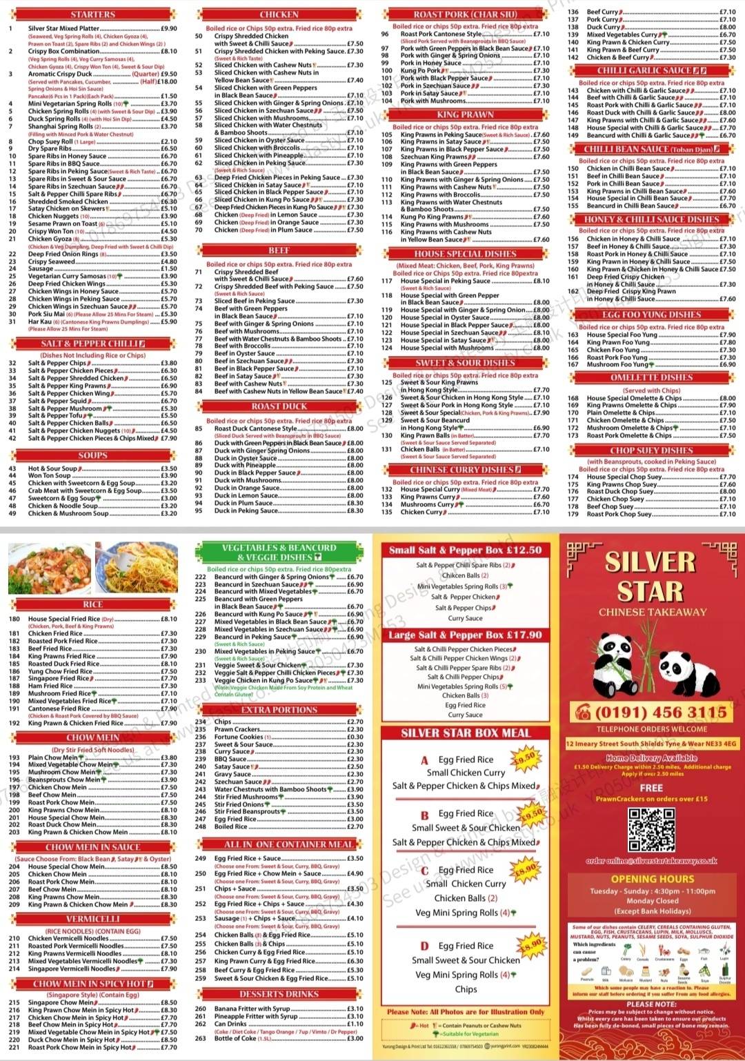 Menu at Silver Star fast food, South Shields