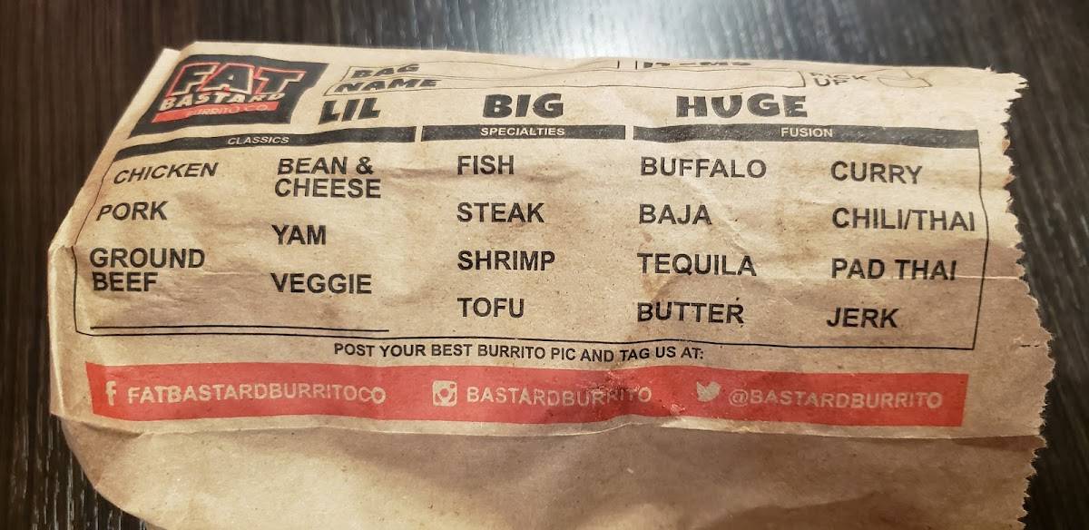 Menu at Fat Bastard Burrito Co. restaurant, Toronto, 351 Bremner Blvd