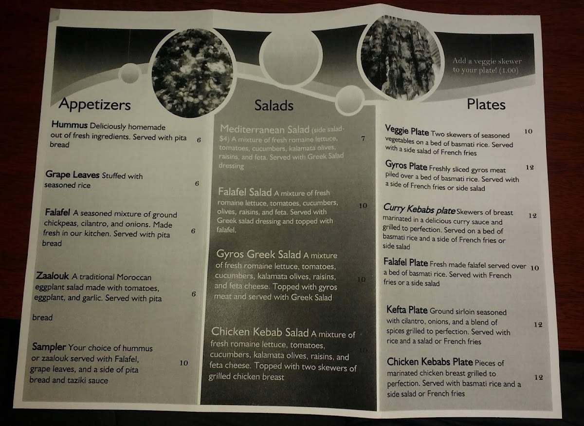 Menu at Tangiers restaurant, Fayetteville