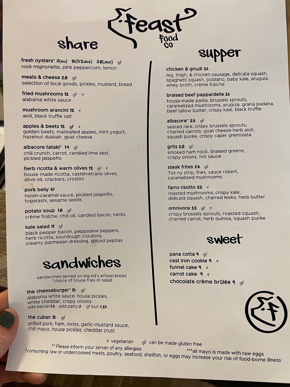 Menu at Feast Food Company restaurant, Redmond