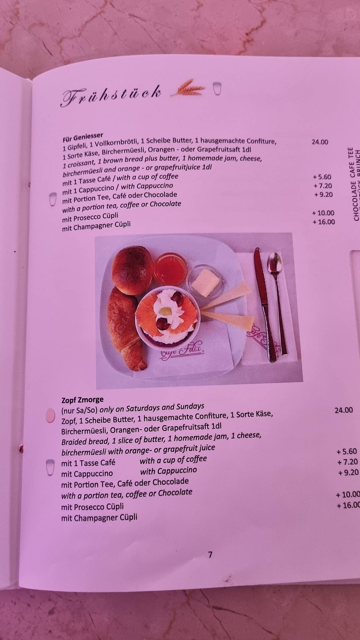 Speisekarte von Felix Café am Bellevue, Zürich, Bellevuepl. 5
