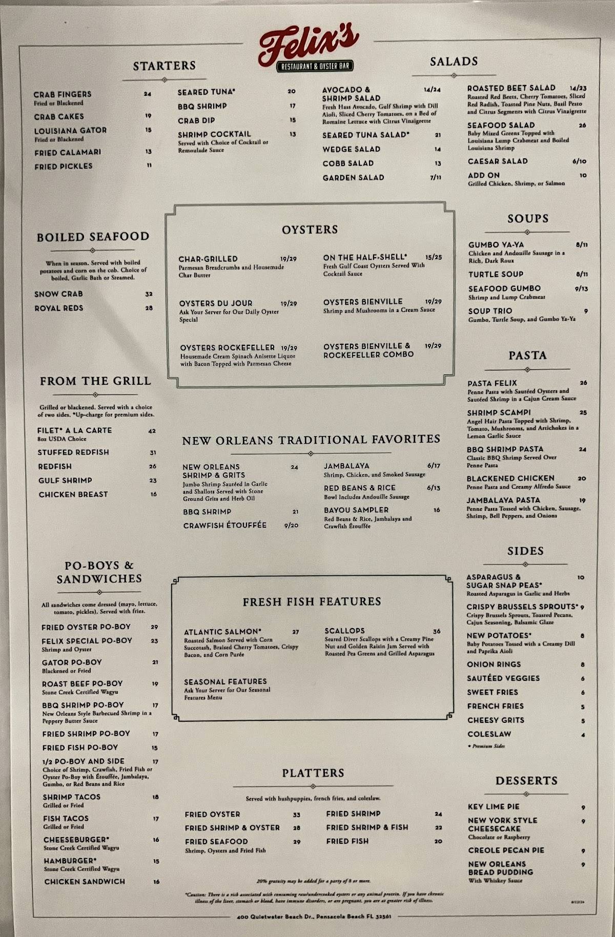 Menu at Felix's Restaurant & Oyster Bar, Pensacola Beach