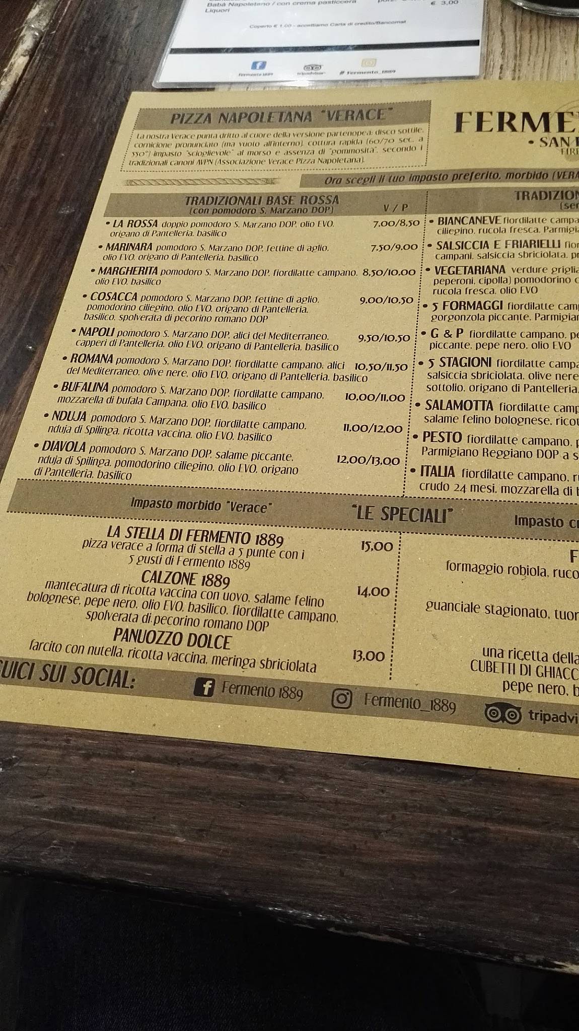 Menu at Fermento 1889 pizzeria, Florence