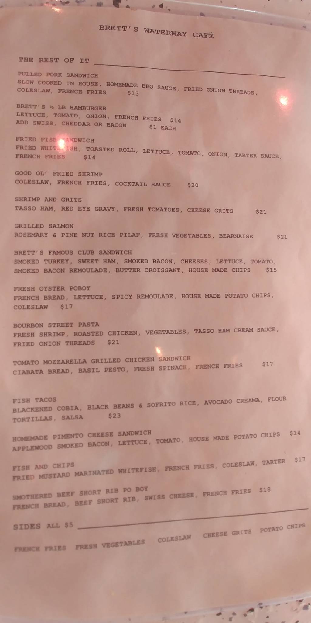 Menu at Brett's Waterway Cafe, Fernandina Beach