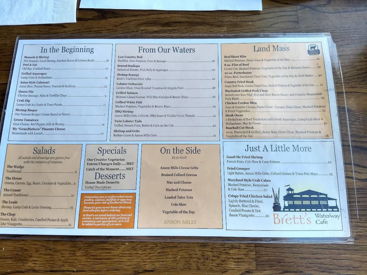 Menu at Brett's Waterway Cafe, Fernandina Beach