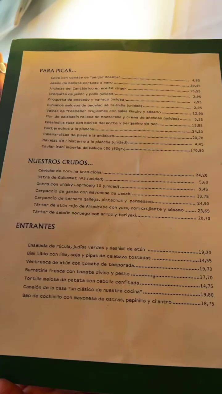 Menu at Feroz Barcelona, Barcelona