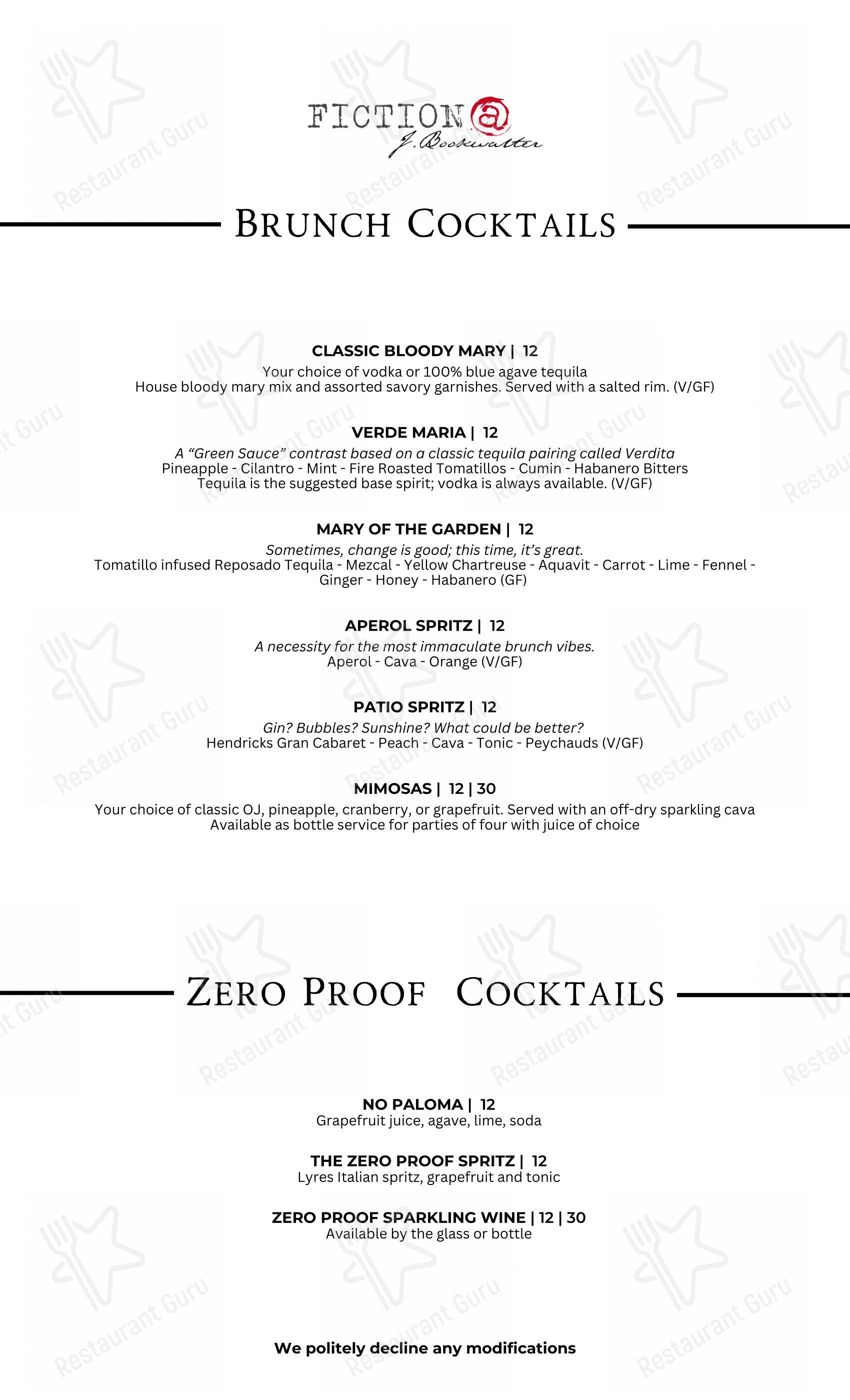 Menu at Fiction @ J. Bookwalter pizzeria, Richland