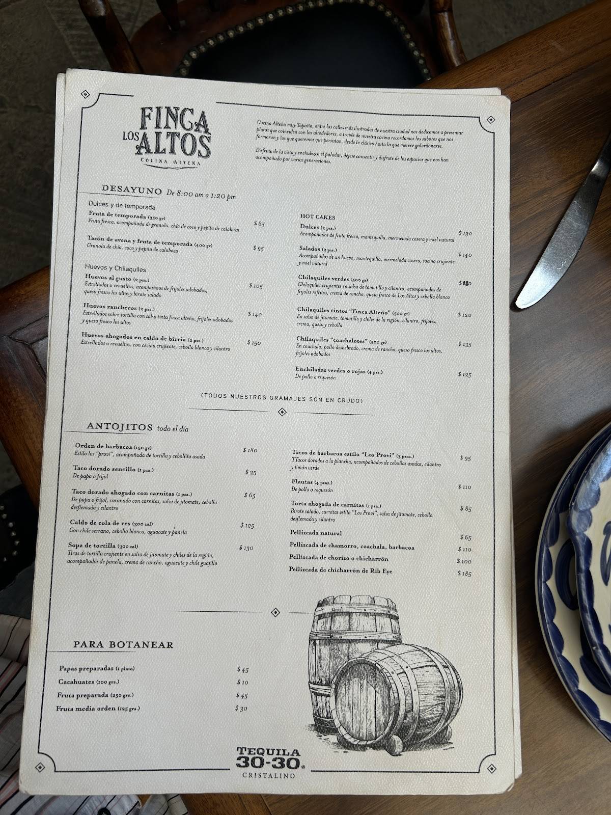 Carta del restaurante Finca Los Altos, Guadalajara