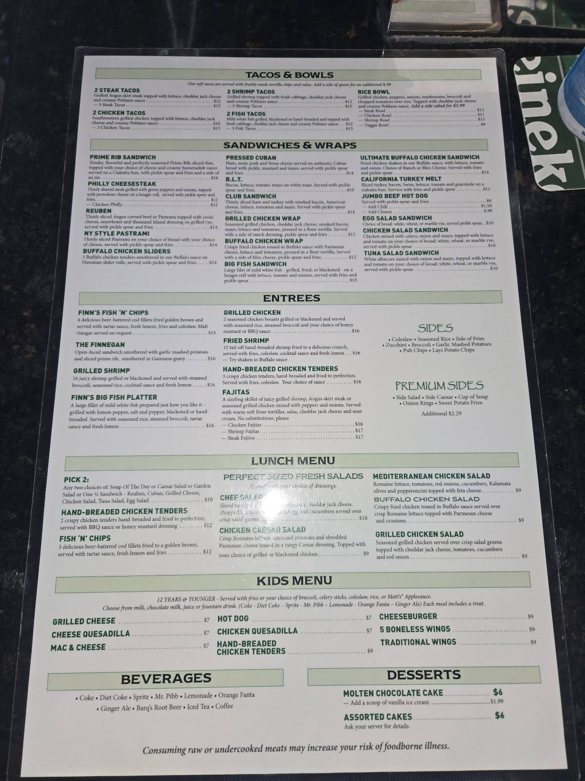 Menu at Finnegans Grill Pub, Port Charlotte