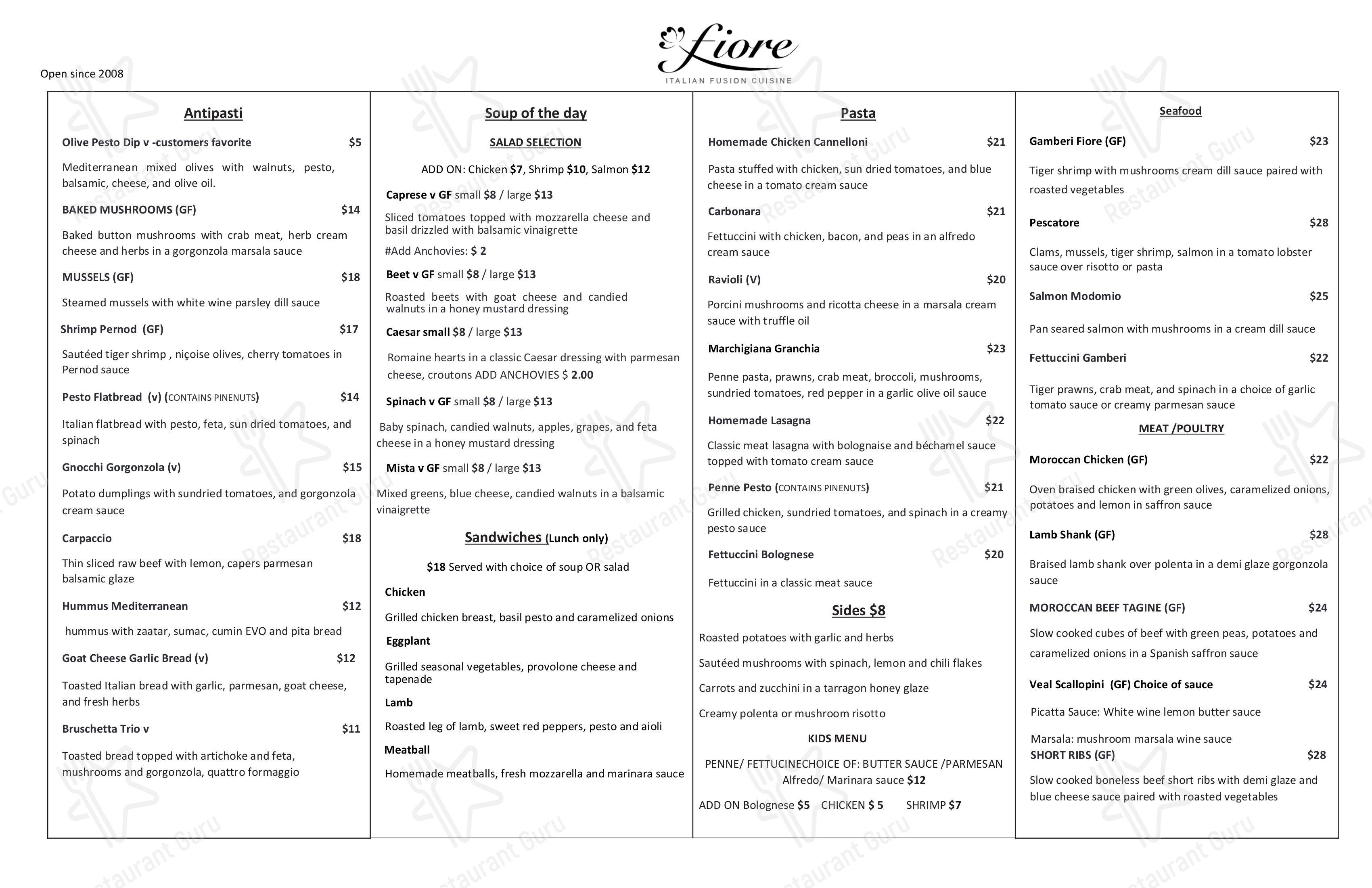 Menu at Fiore restaurant, Concord