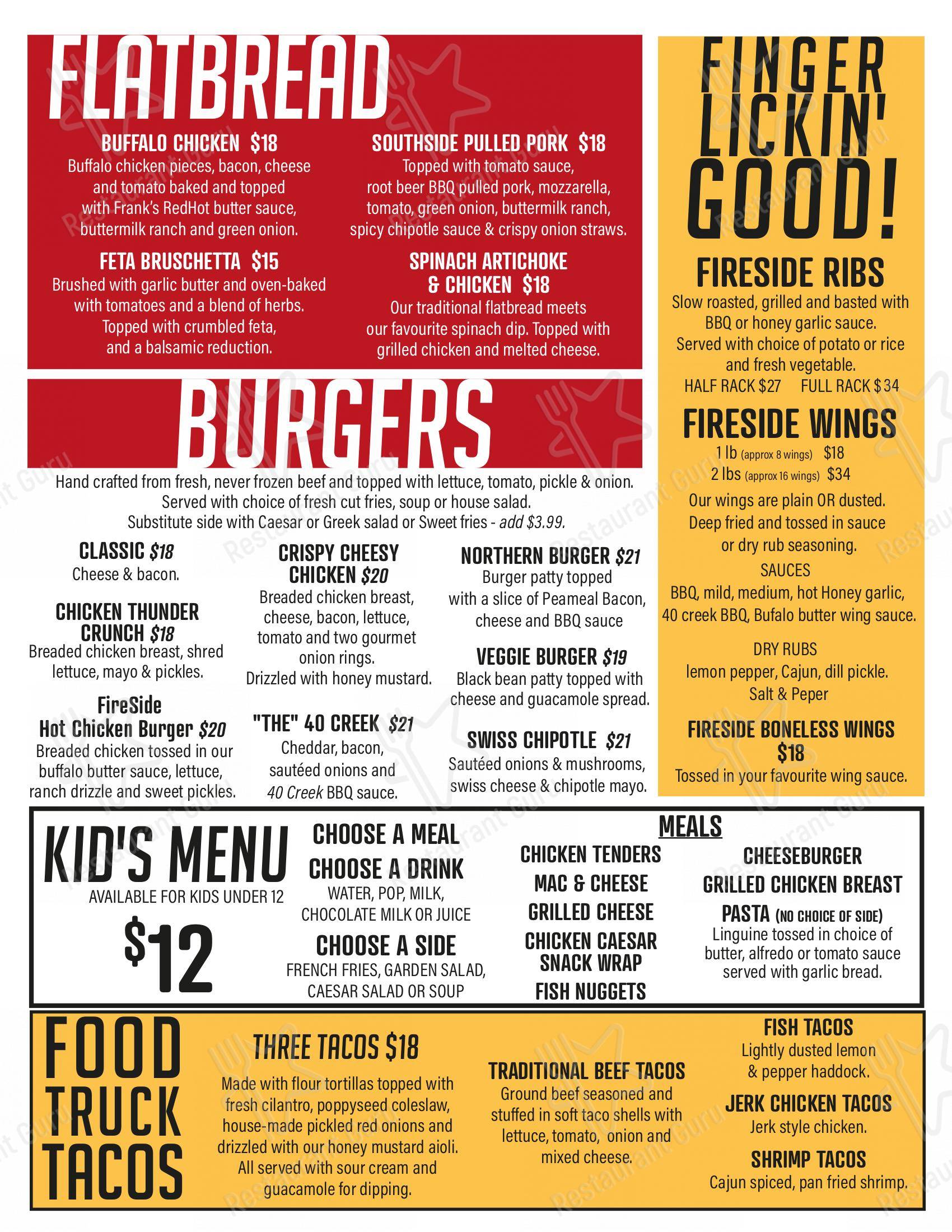 Menu at FireSide Classic Grill restaurant, Elliot Lake
