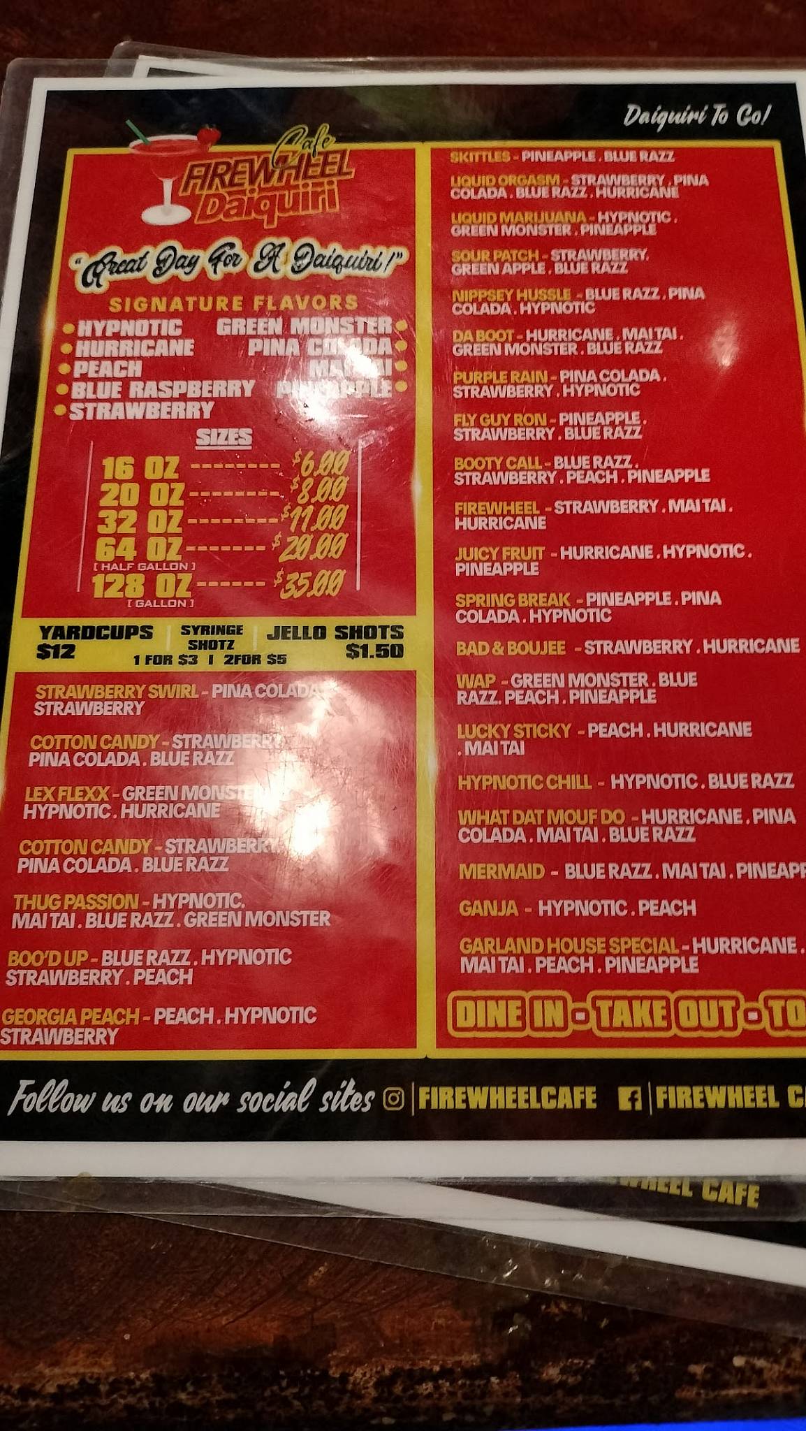 Menu at FireWheel Daiquiri Cafe, Garland