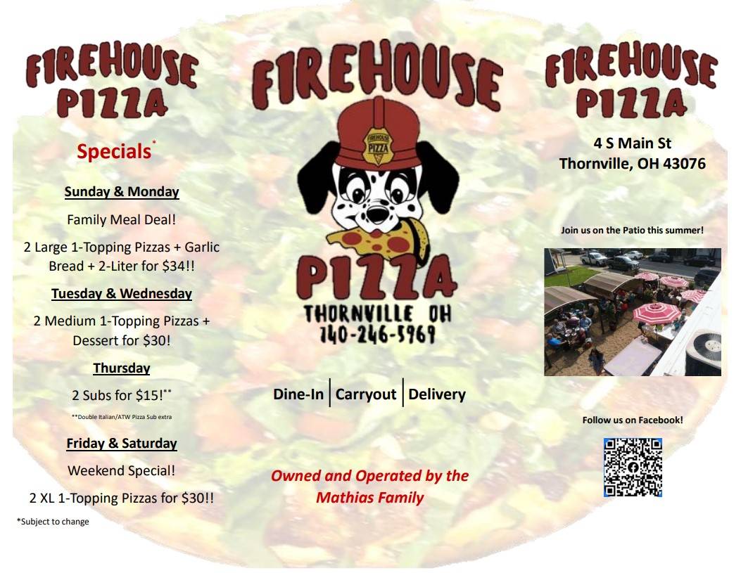Menu at Firehouse Pizza pizzeria, Thornville