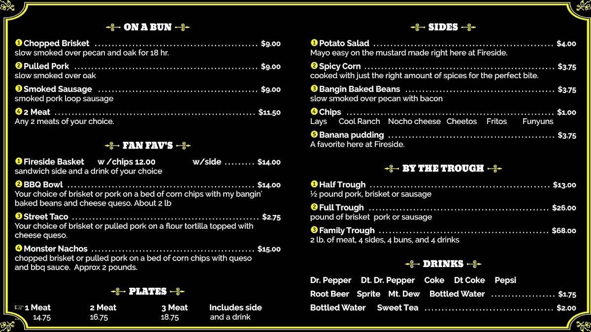 Menu at Fireside BBQ, Sulphur Springs