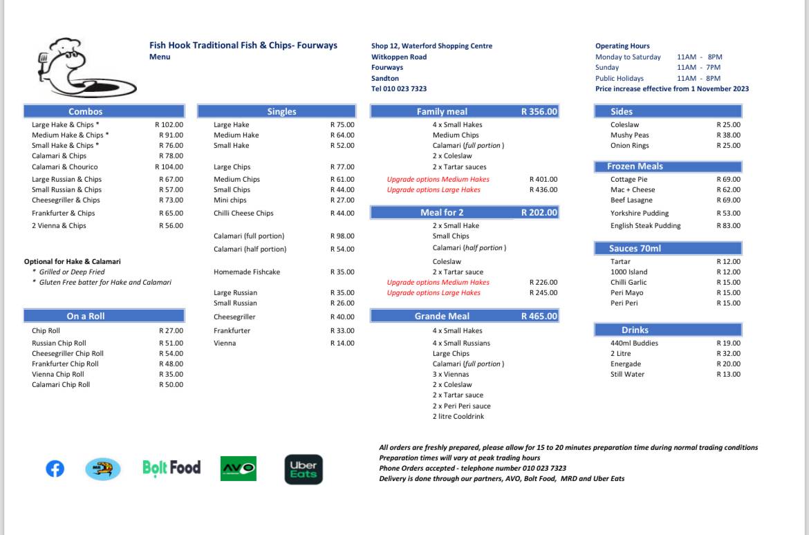 Menu at Fish Hook Fourways - Traditional Fish and Chips restaurant ...