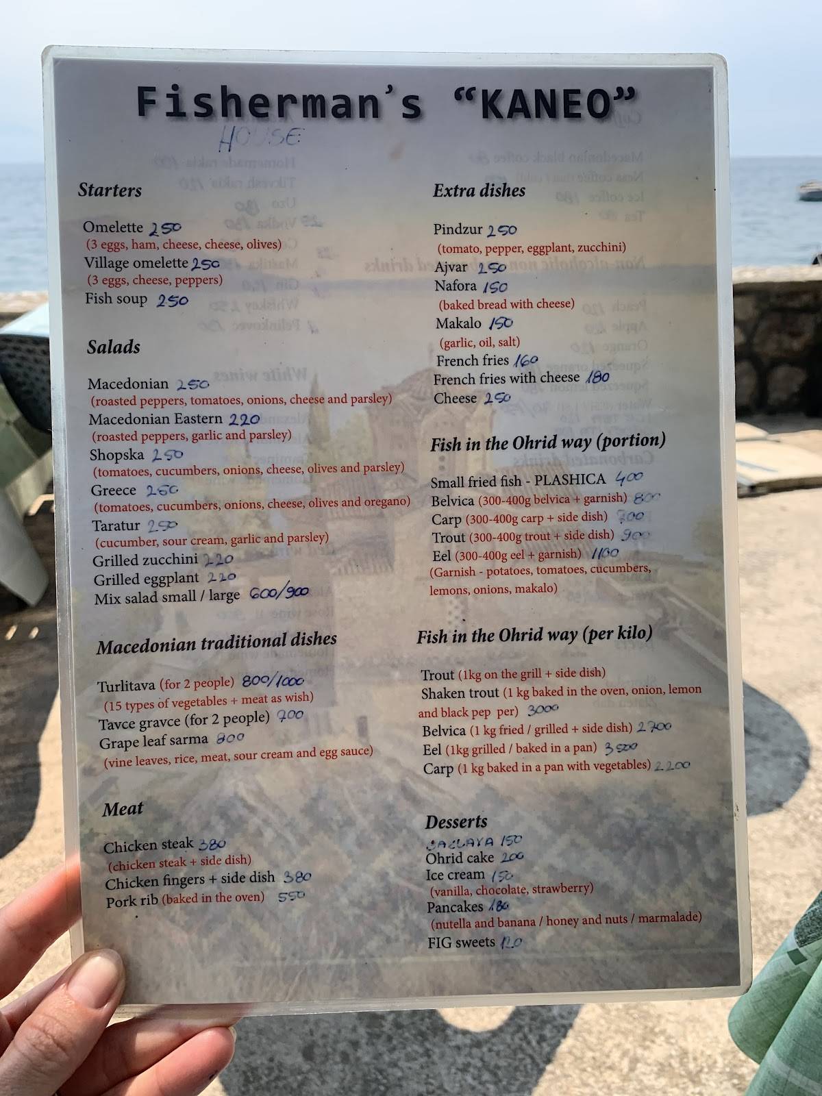 Menu at Fisherman's House Kaneo restaurant, Ohrid