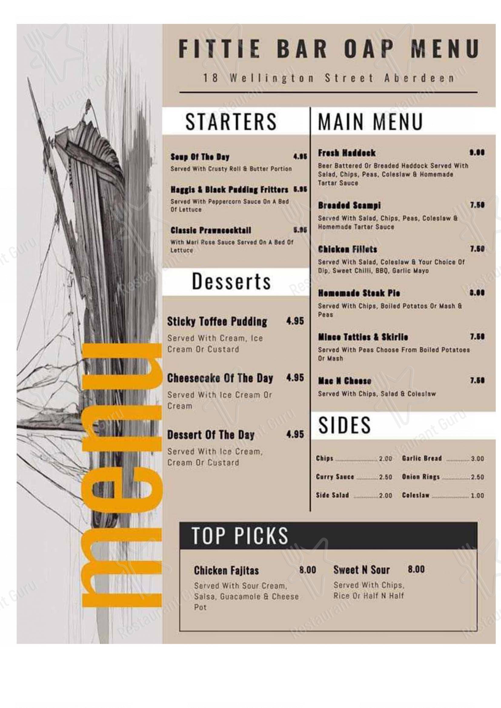 Menu at Fittie Bar, Aberdeen