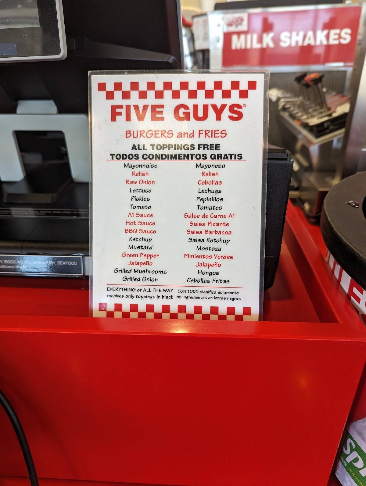 Menu at Five Guys restaurant, Nanuet, 255 East Rte 59